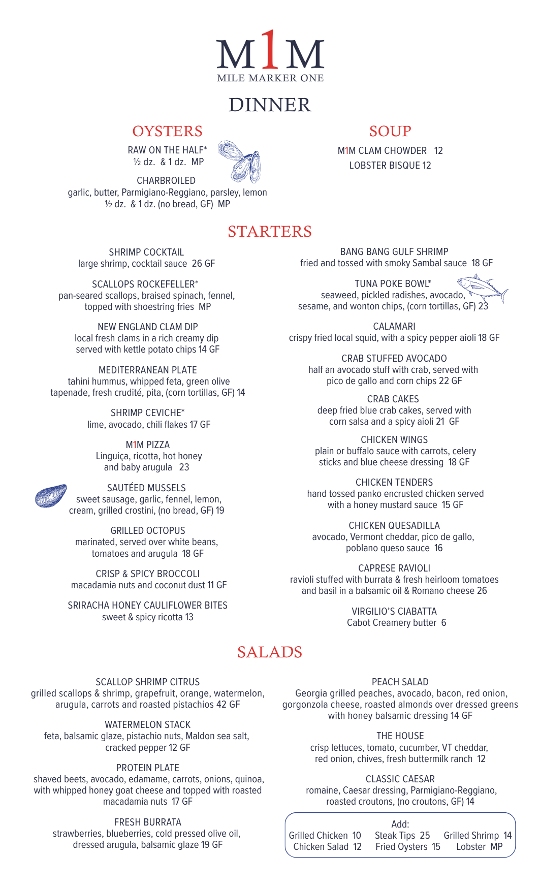 Dinner menu for Mile Marker One Restaurant - Cape Ann's Marina & Resort